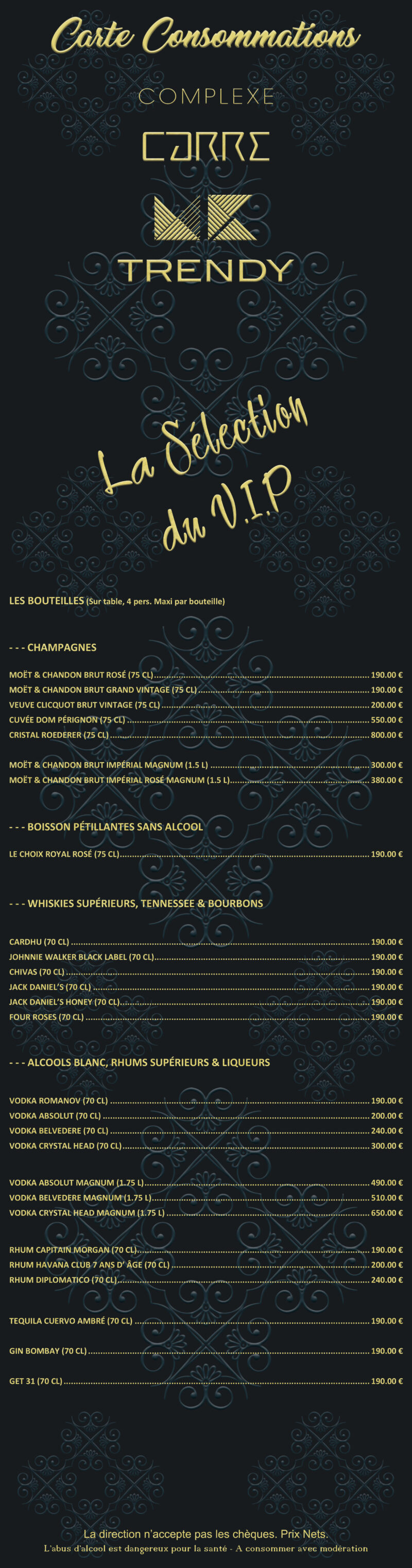 Carte boissons VIP - LE TRENDY CLUB